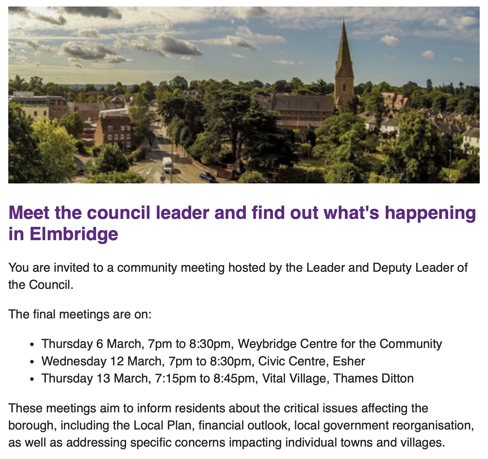 Save the date: 12 March 2025 – Esher’s community meeting | Esher ...